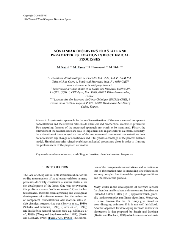 Pdf Nonlinear Observers For State And Parameter Estimation In