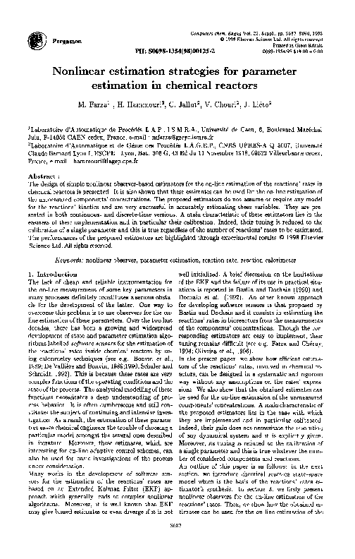 (PDF) Nonlinear estimation strategies for parameter estimation in chemical reactors
