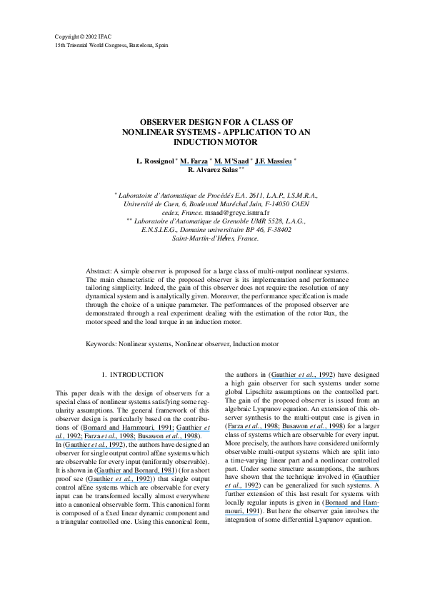 Pdf Observer Design For A Class Of Nonlinear Systems