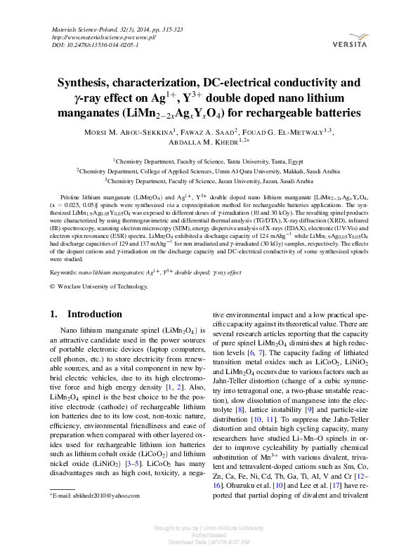 (PDF) Synthesis, characterization, DC-electrical conductivity and γ-ray effect on Ag1+, Y3 ...