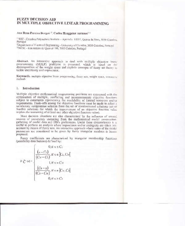 Pdf Fuzzy Decision Aid In Multiple Objective Linear Programming Ana Borges