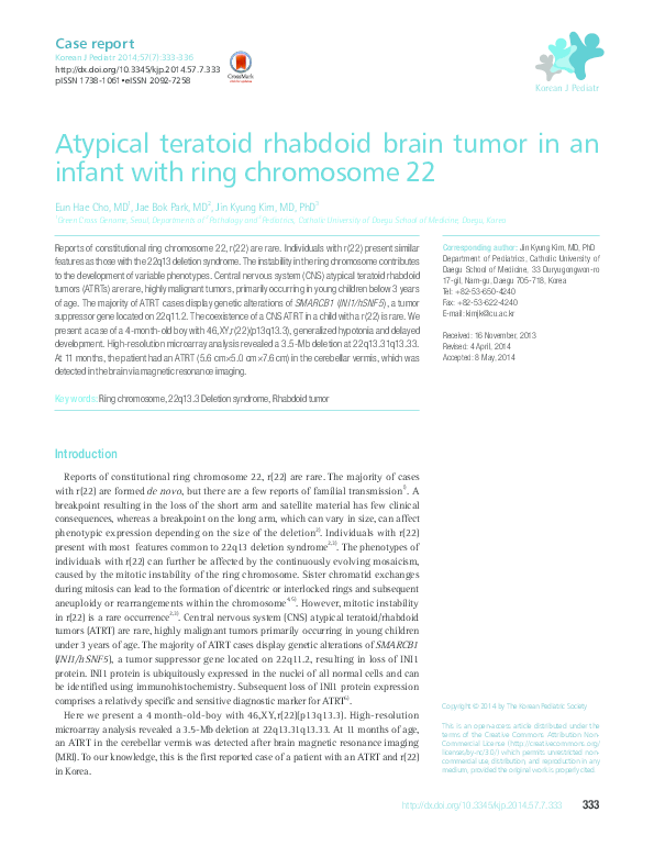 (PDF) Atypical teratoid rhabdoid brain tumor in an infant with ring ...