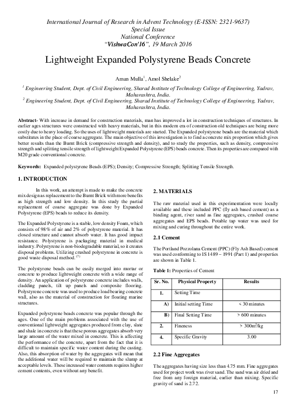 (PDF) Lightweight Expanded Polystyrene Beads Concrete