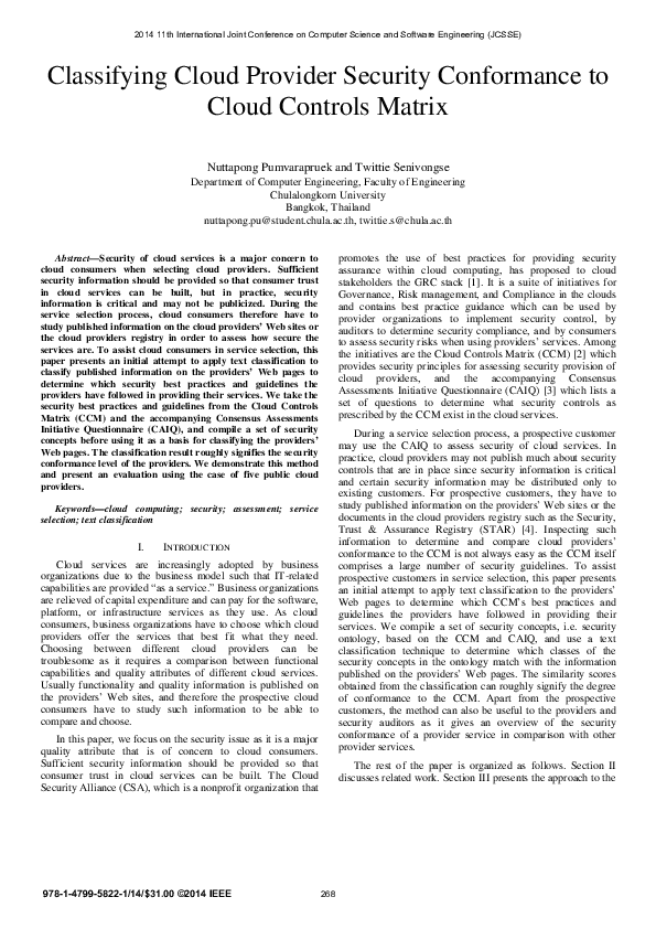 (PDF) Classifying Cloud Provider Security Conformance to Cloud Controls ...
