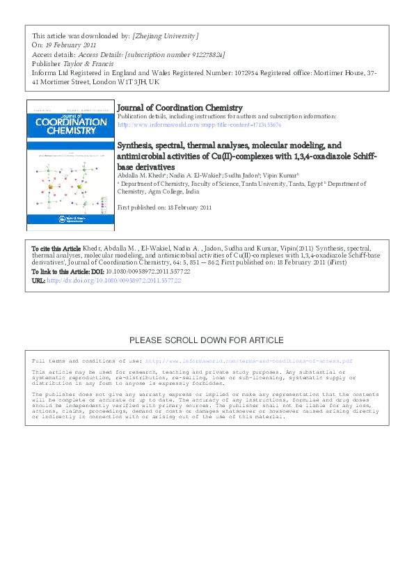 (PDF) Synthesis, spectral, thermal analyses, molecular modeling, and antimicrobial activities of ...