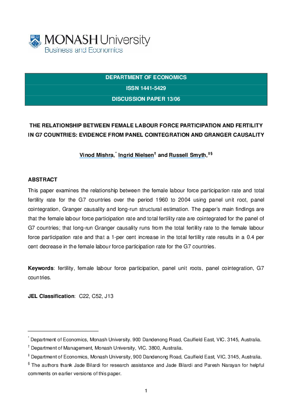 (PDF) On the relationship between female labour force participation and fertility in G7 ...