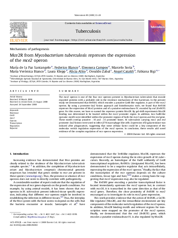 (PDF) Mce2R from Mycobacterium tuberculosis represses the expression of ...