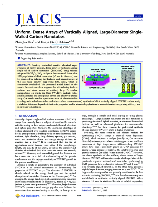 (PDF) Uniform, Dense Arrays of Vertically Aligned, Large-Diameter Single-Walled Carbon Nanotubes