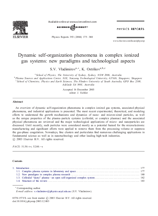 (PDF) Dynamic self-organization phenomena in complex ionized gas ...