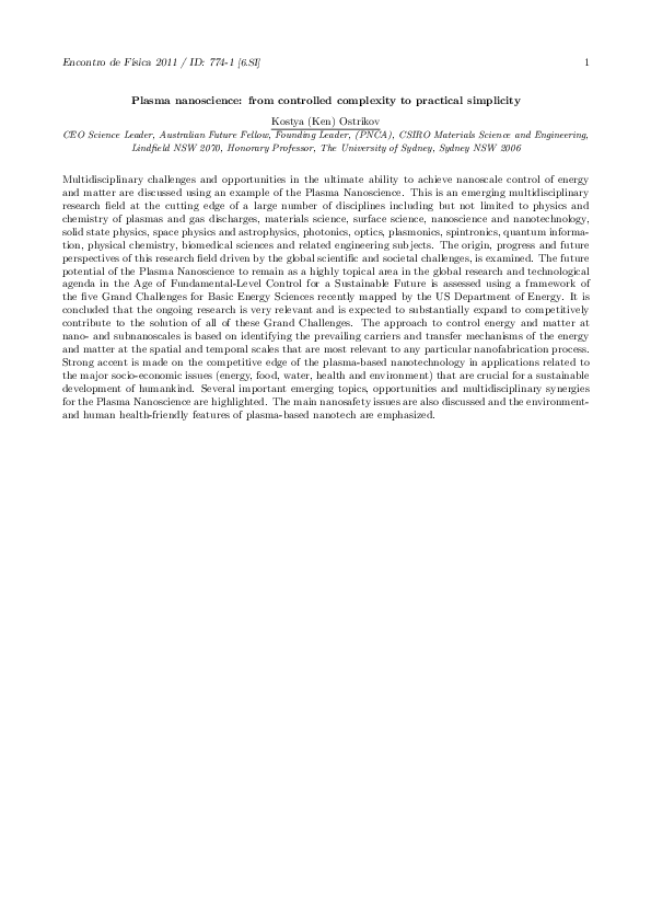 (PDF) Plasma nanoscience : from controlled complexity to practical simplicity