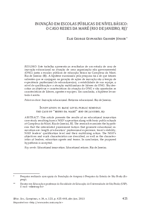 (PDF) Innovation in basic level public schools: the case of "Redes da ...