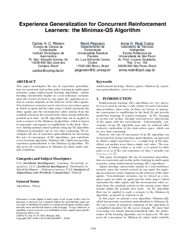 (PDF) Experience generalization for concurrent reinforcement learners