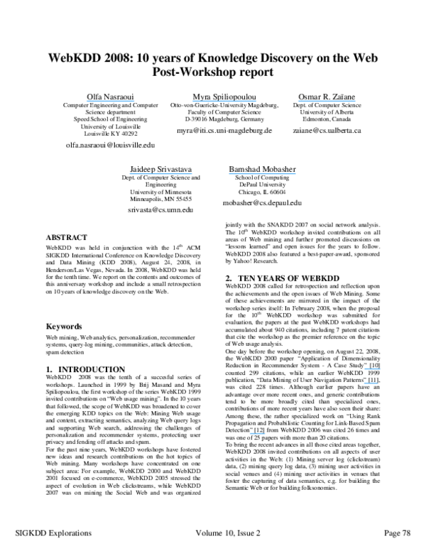 (PDF) WebKDD 2008: 10 years of knowledge discovery on the web post-workshop report