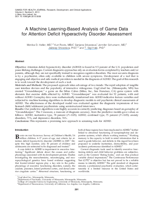 Pdf A Machine Learning Based Analysis Of Game Data For Attention Deficit Hyperactivity