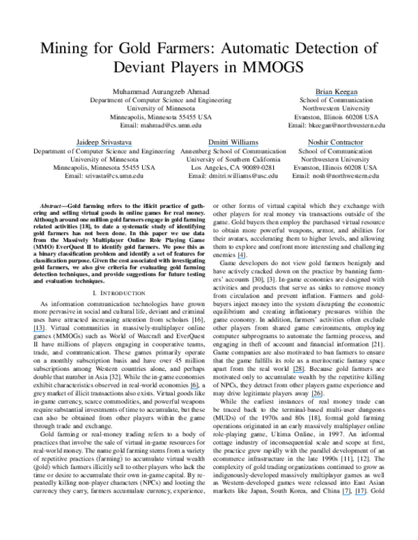 (PDF) Mining for Gold Farmers: Automatic Detection of Deviant Players in MMOGs | Jaideep ...