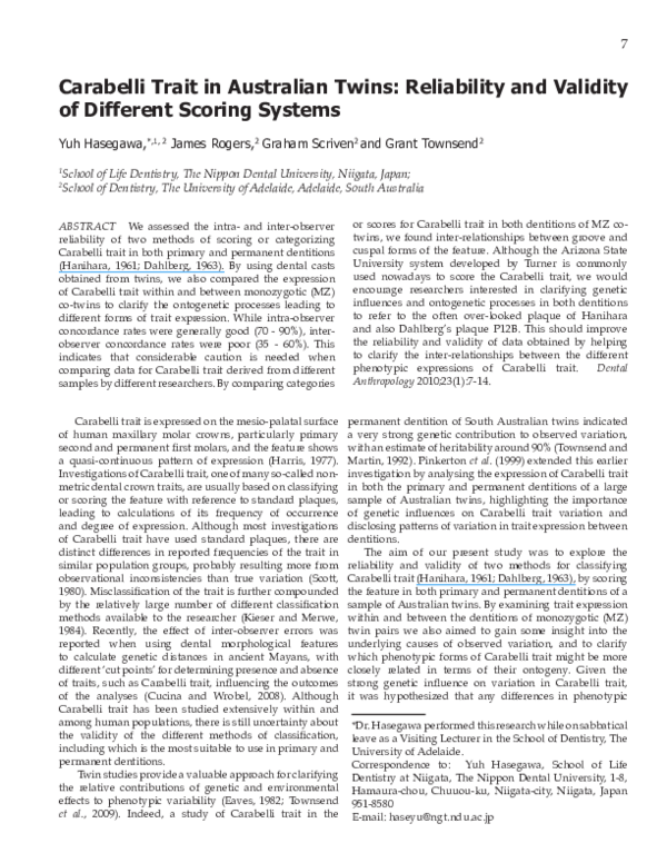 (PDF) Carabelli Trait in Australian Twins: Reliability and Validity of ...