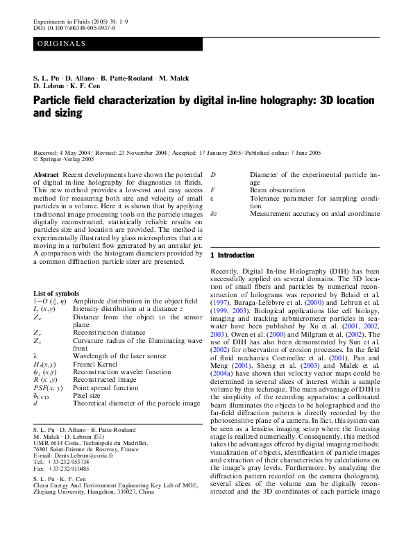 (PDF) Particle field characterization by digital in-line holography: 3D location and sizing