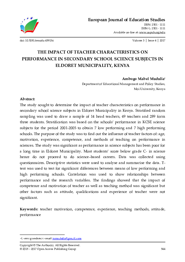 Pdf The Impact Of Teacher Characteristics On Performance In Secondary