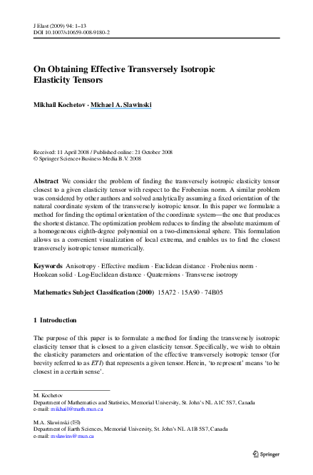 (PDF) On Obtaining Effective Transversely Isotropic Elasticity Tensors | Michael Slawinski ...