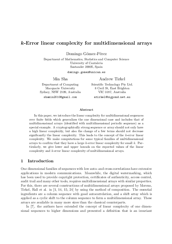 Pdf K Error Linear Complexity For Multidimensional Arrays