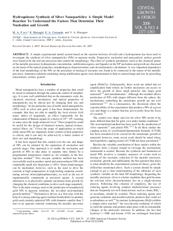 (PDF) Hydroquinone Synthesis of Silver Nanoparticles: A Simple Model ...