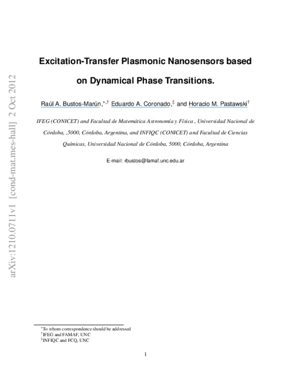 (PDF) Excitation-Transfer Plasmonic Nanosensors Based on Dynamical Phase Transitions