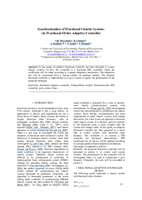 Pdf Synchronization Of Chaotic Fractional Order Systems Via Fractional Order Adaptive
