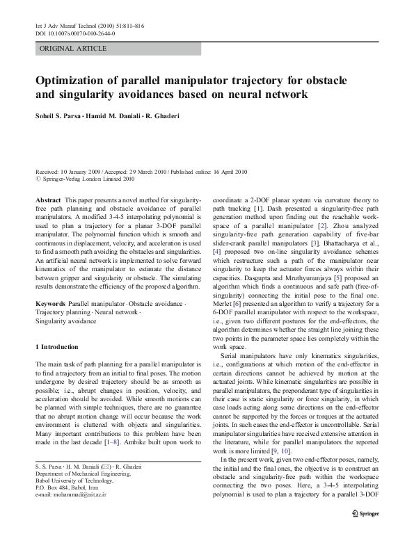 (PDF) Optimization of parallel manipulator trajectory for obstacle and singularity avoidances ...