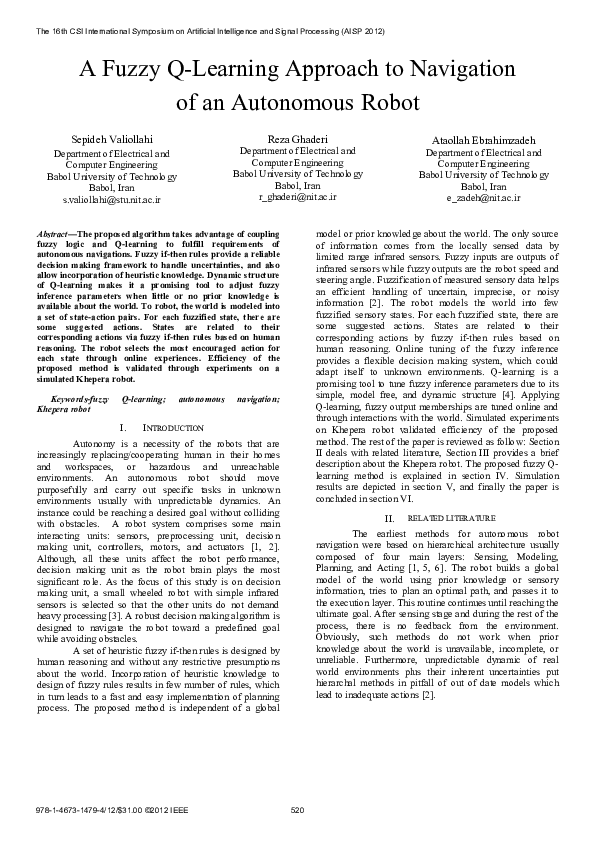 (PDF) A fuzzy Q-learning approach to navigation of an autonomous robot