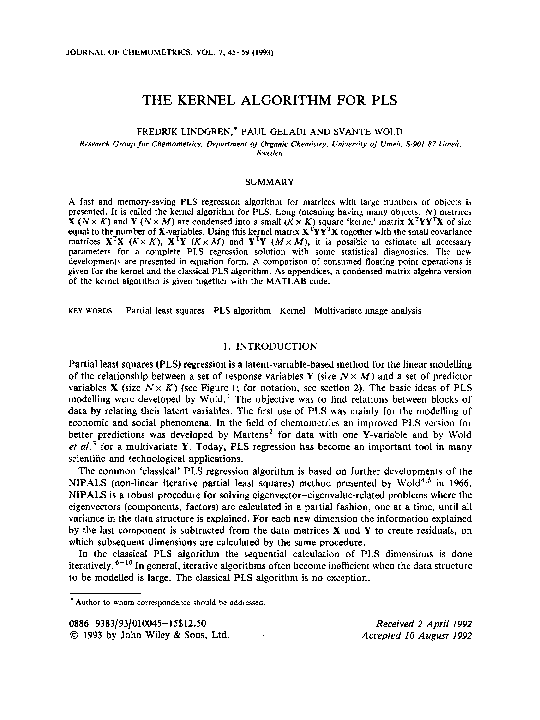 (PDF) The kernel algorithm for PLS