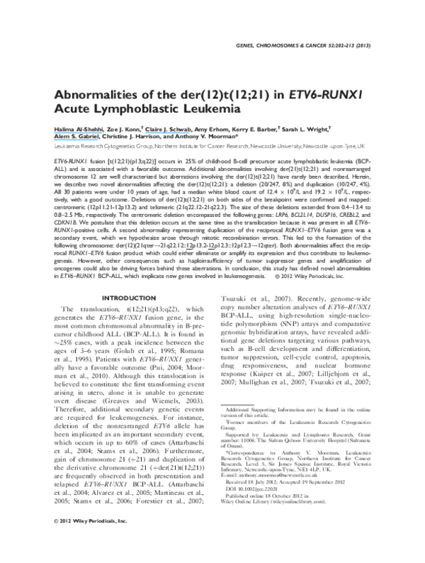 (PDF) Abnormalities of the der(12)t(12;21) in ETV6-RUNX1 acute ...