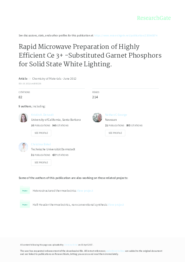 (PDF) Rapid Microwave Preparation of Highly Efficient Ce 3+ -Substituted Garnet Phosphors for ...