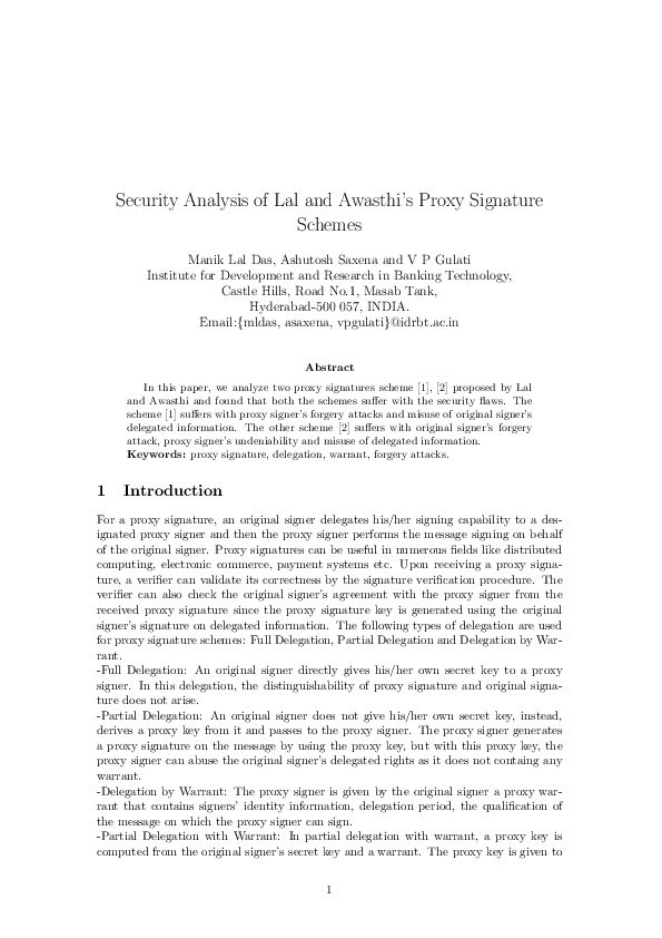 (PDF) Security analysis of Lal and Awasthi’s proxy signature schemes