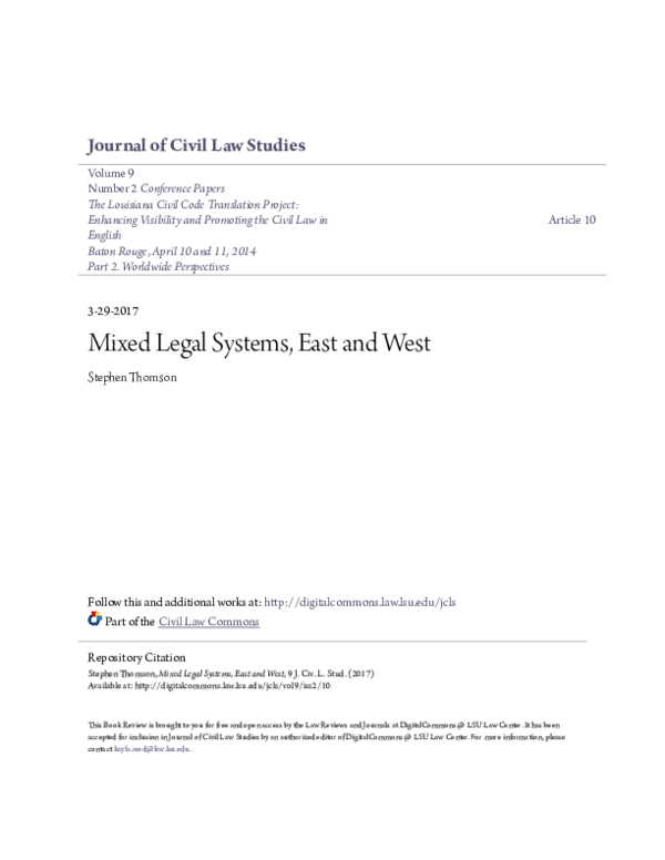 (PDF) Book Review: Mixed Legal Systems, East and West (Palmer, Mattar ...