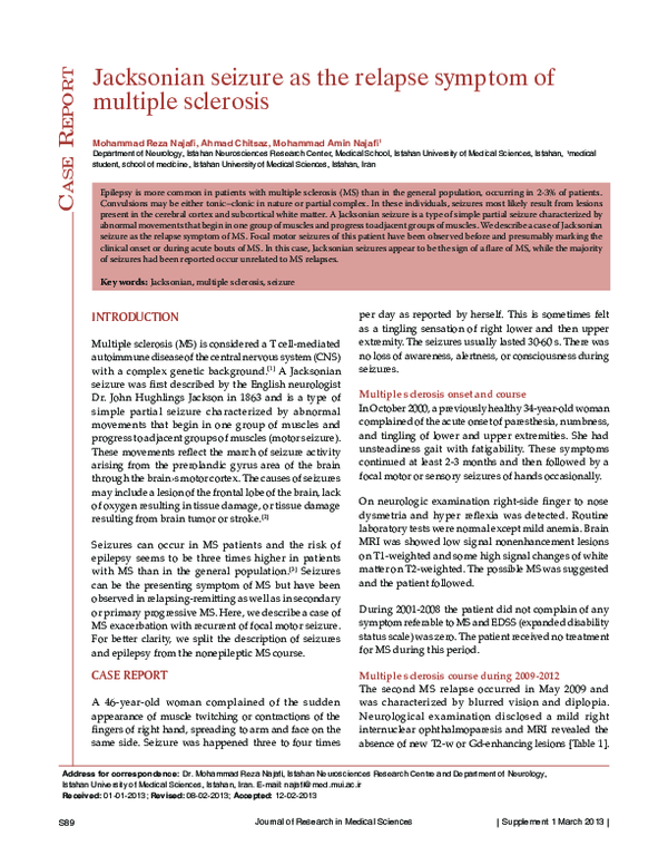(PDF) Jacksonian seizure as the relapse symptom of multiple sclerosis