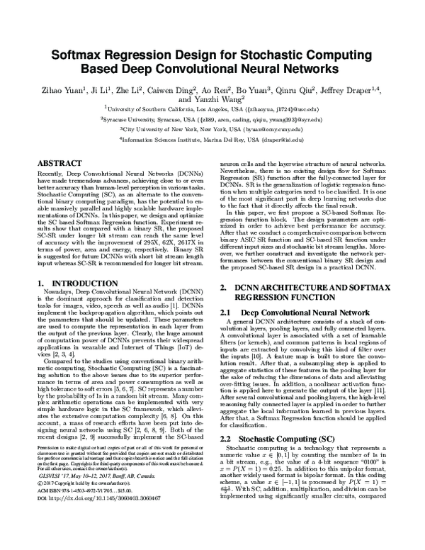 Pdf Softmax Regression Design For Stochastic Computing Based Deep Convolutional Neural Networks