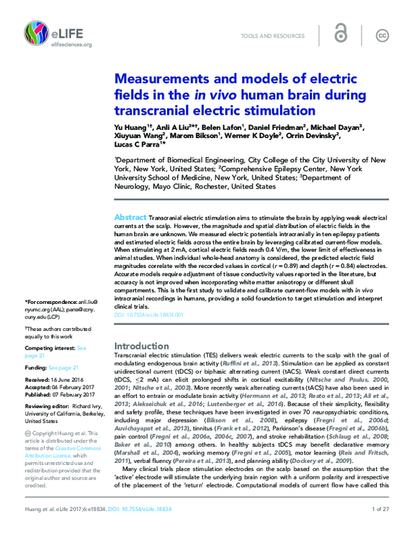 (PDF) Measurements and models of electric fields in the in vivo human brain during transcranial ...