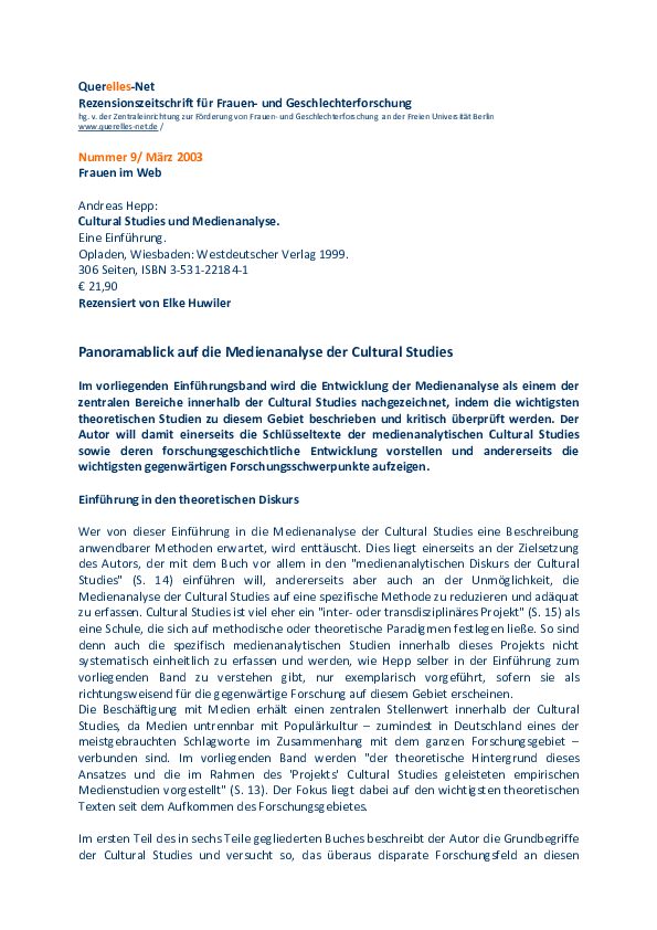 (PDF) Panoramablick auf die Medienanalyse der Cultural Studies ...