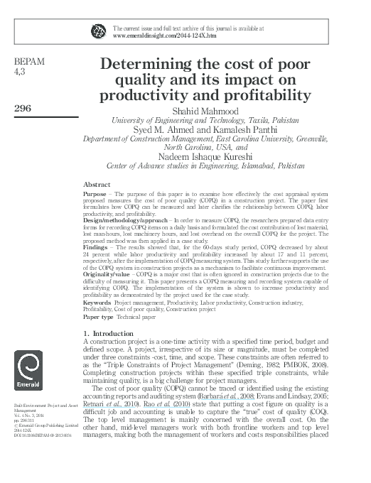 (PDF) Determining the cost of poor quality and its impact on ...