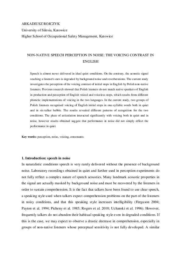 (PDF) Non-native speech perception in noise: The voicing contrast in English