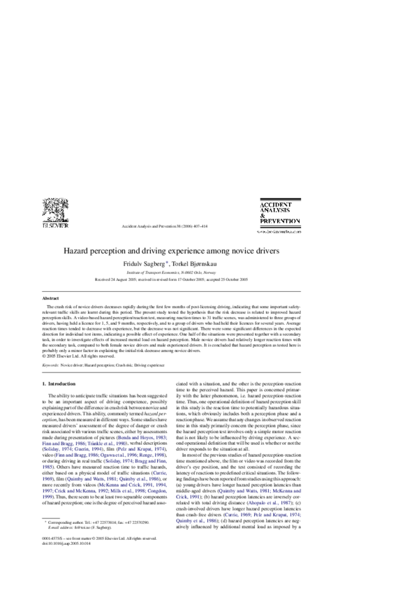 (PDF) Hazard perception and driving experience among novice drivers