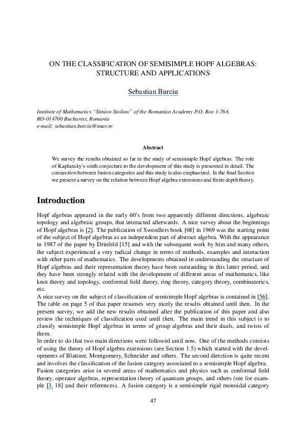 (PDF) On the Classification of Semisimple Hopf Algebras: Structure and Applications