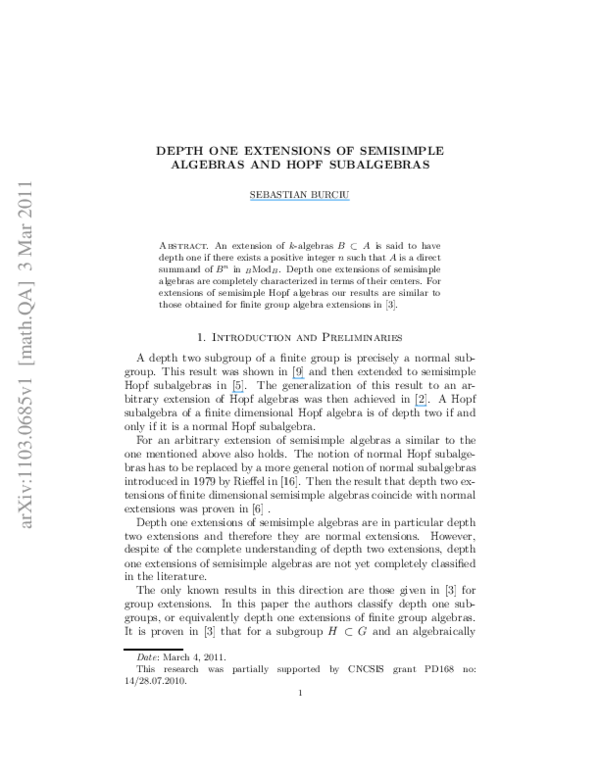 (PDF) Depth One Extensions of Semisimple Algebras and Hopf Subalgebras