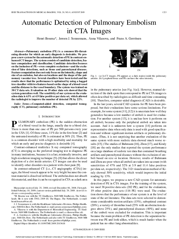 Pdf Automatic Detection Of Pulmonary Embolism In Cta Images