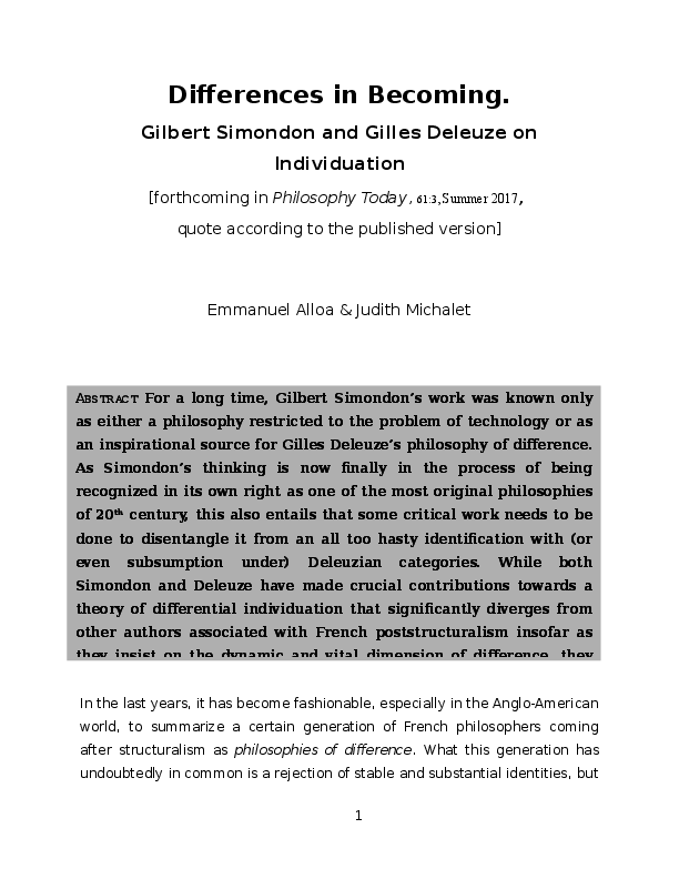 (DOC) Differences in Becoming. Gilbert Simondon and Gilles Deleuze on ...