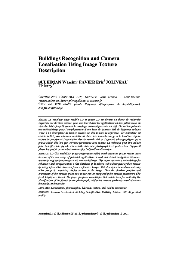 Pdf Buildings Recognition And Camera Localization Using Image Texture Description