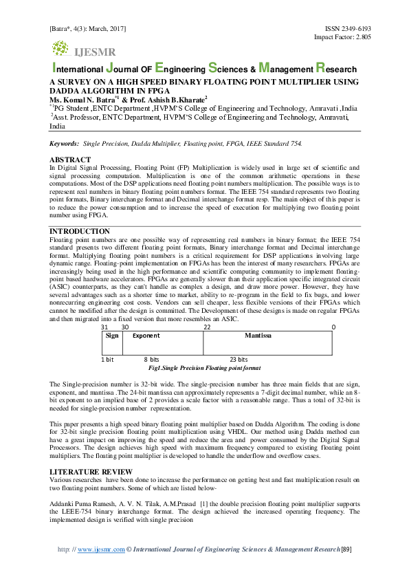 Pdf A Survey On A High Speed Binary Floating Point Multiplier Using Dadda Algorithm In Fpga