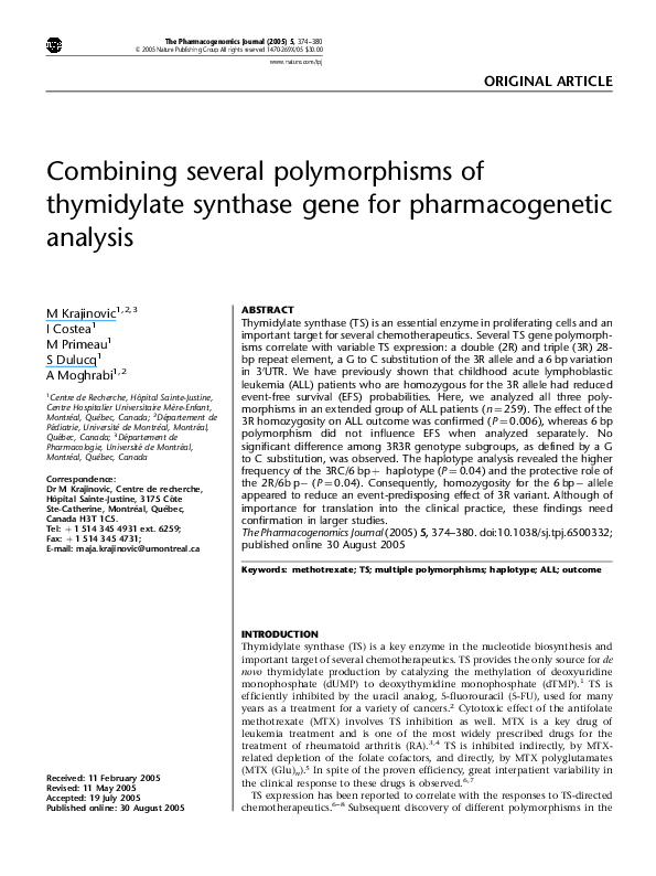 (PDF) Combining several polymorphisms of thymidylate synthase gene for ...