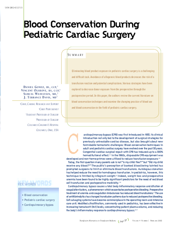 (PDF) Blood Conservation During Pediatric Cardiac Surgery