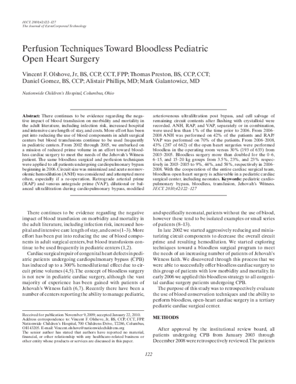 (PDF) Perfusion techniques toward bloodless pediatric open heart surgery